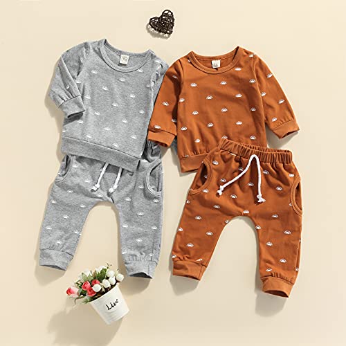 Capbier Newborn Baby Boys Clothes Sets Infant Cute Sun Print Long Sleeve Pullover Sweaters 3 6 9 18 24 Months Outfits Unisex Cotton Clothing, Brown, 3-6 Months (100 Percent Cotton)