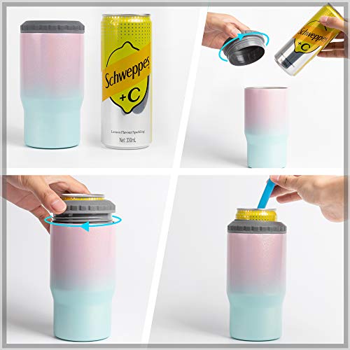4 in 1 Can Cooler Water Bottle, 12oz Stainless Steel Beer Bottle with Straw Fits Slim Skinny Bottle & Can, Non-Slip | Pink