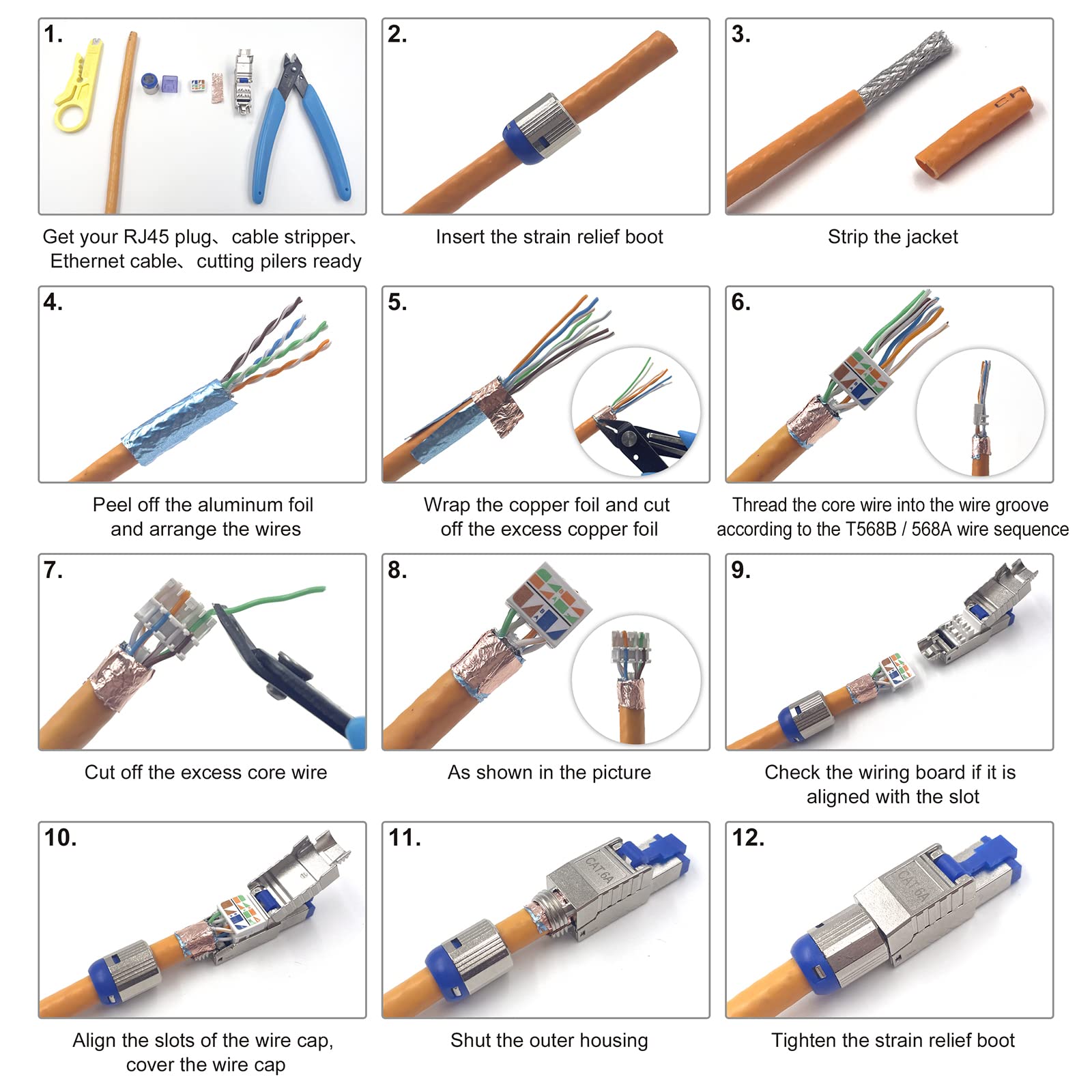 VCELINK RJ45 Cat6A Connectors Tool-Free, Zinc Alloy Shielded Ethernet Termination Plugs for 23AWG SFTP Cables, 10Gbps Easy Internet Plug, Fast Field Installation 2-Pack