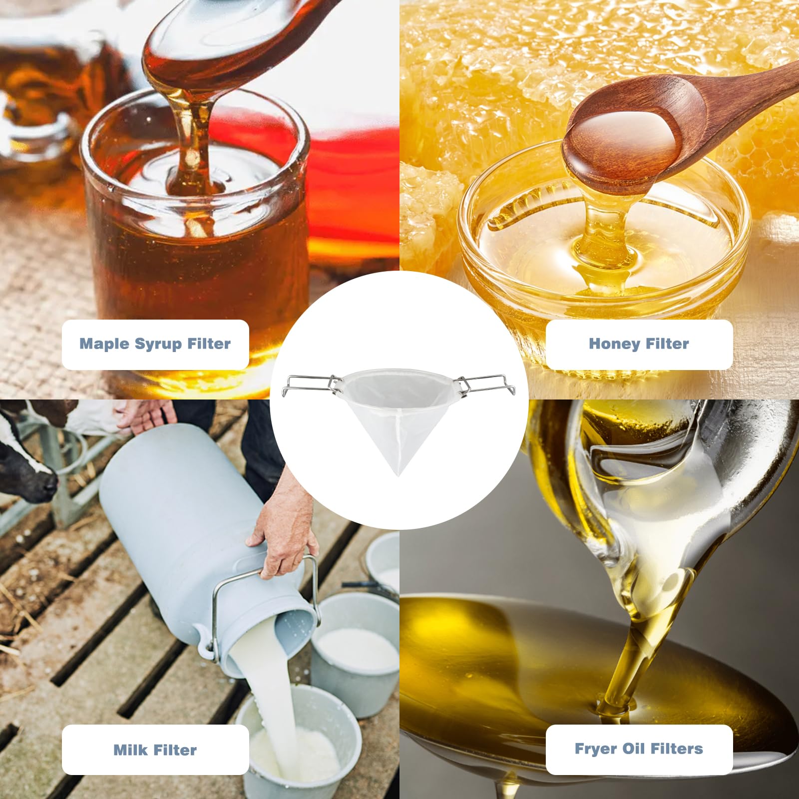 10β Reusable Cone Filter Bag for Frying Oil - with Folding Arms to Attach to Deep Fryers, Cooking Oil Filter Holder, Maple Syrup Cone Filter Stand - Durable Construction - Easy to Clean