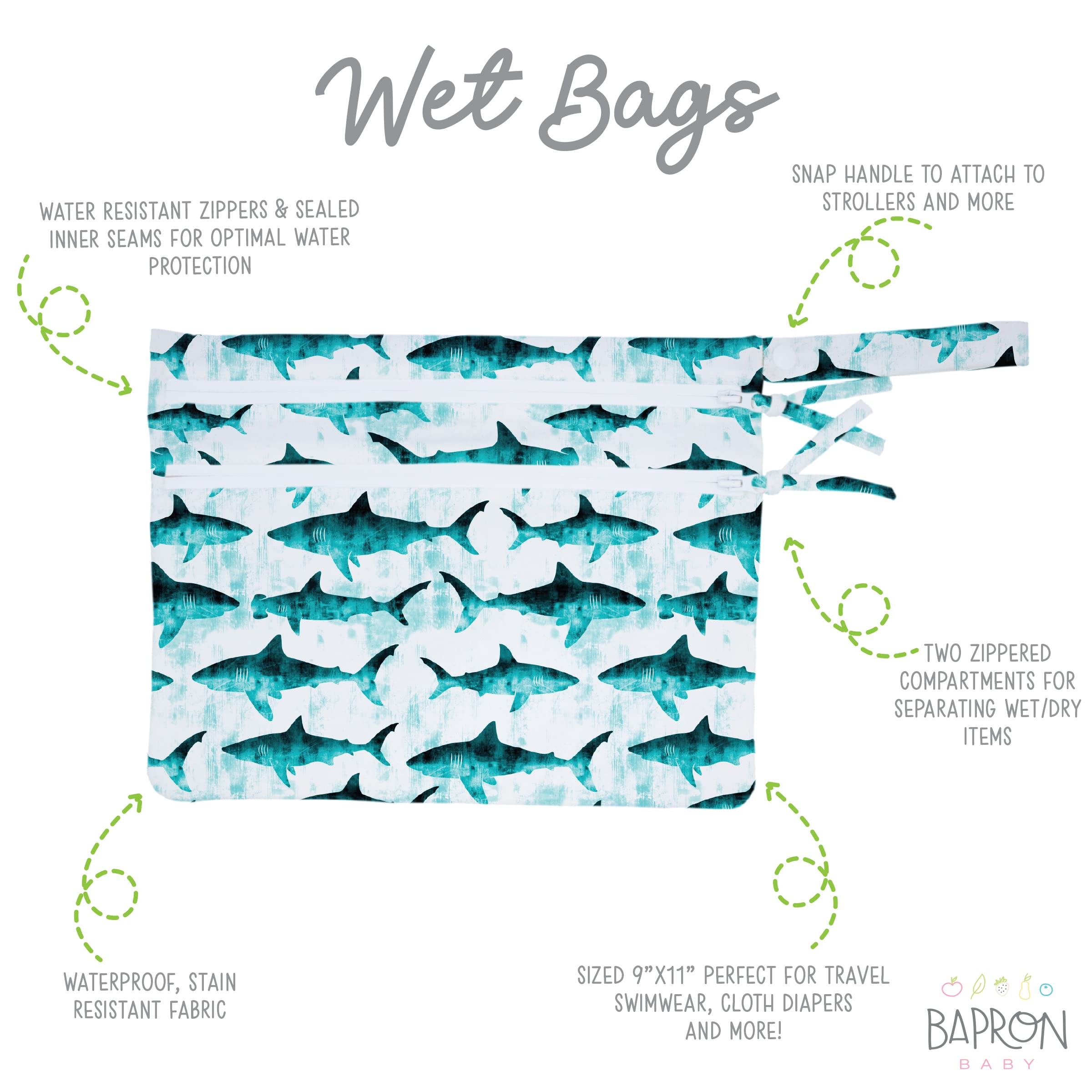 BapronBaby Shark Attack Wet Dry Bag - Waterproof Two Zipper Pockets - Reusable for Mealtime, Diapers, Stroller, Snacks, Swimsuits - Machine Washable - 11" x 9"