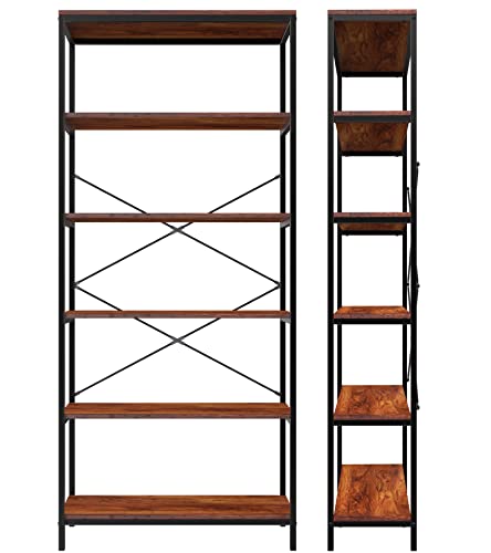 6 Tier Industrial Bookshelf, 71" Tall Open Bookcase, Rustic Wood Organizer Shelves on Metal Frame, Multi-Functional Storage Shelf Rack for Bedroom Living Room Garage Office Basement