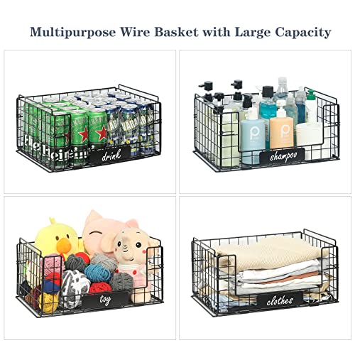 4 Pack XXL Stackable Wire Baskets with Handles for Pantry Storage and Organization,Fruit and Vegetable Basket with Name Plates,Metal Storage Bins for Snack Can Fruit Veggies