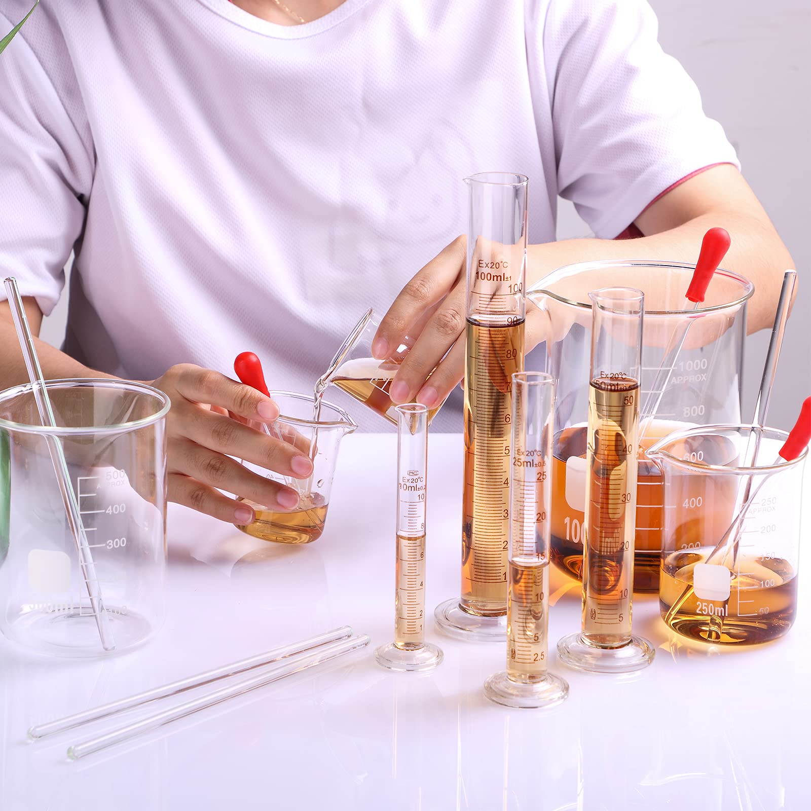 Glass or Plastic Graduated Cylinder Beaker Set, Thick Lab Cylinders (10 ml, 25 ml, 50 ml, 100 ml), Beaker (50 ml, 100 ml, 250 ml, 500 ml, 1000 ml) with 3 Dropper 4 Stirring Rod 7.9 Inch(Glass)