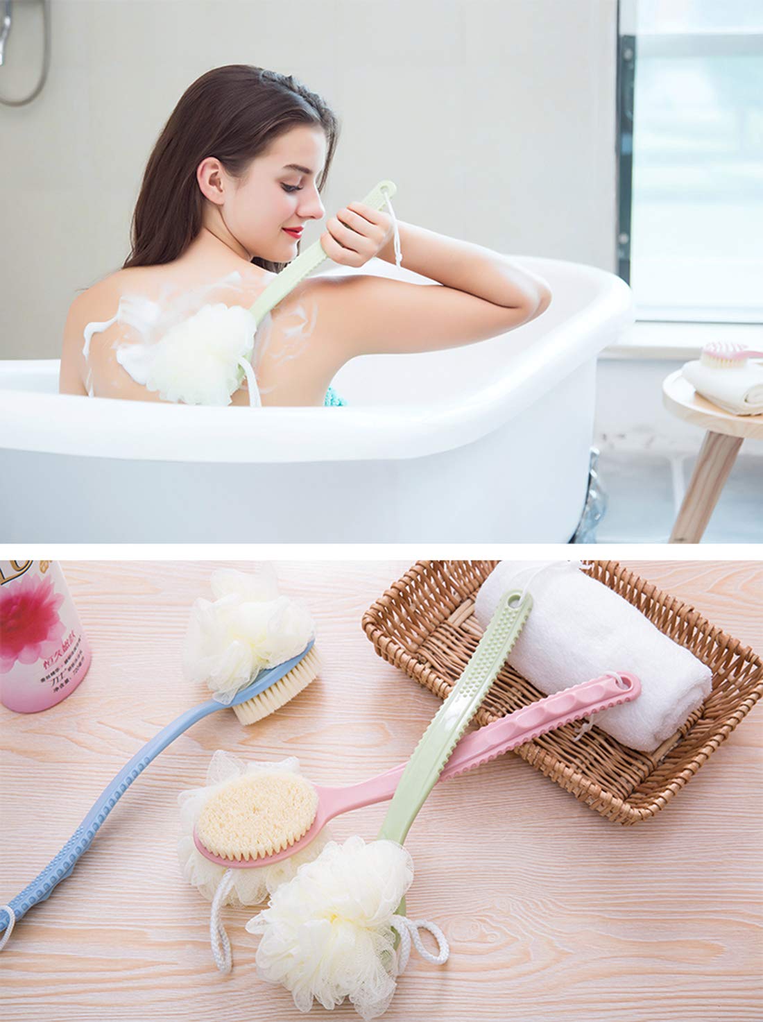 AARainbow 2 Packs Shower Body Brush with Bristles and Loofah, Back Scrubber Mesh Sponge with Curved Long Handle for Skin Exfoliating Bath, Massage Bristles Suitable for Men and Women (1Gray+1Pink)