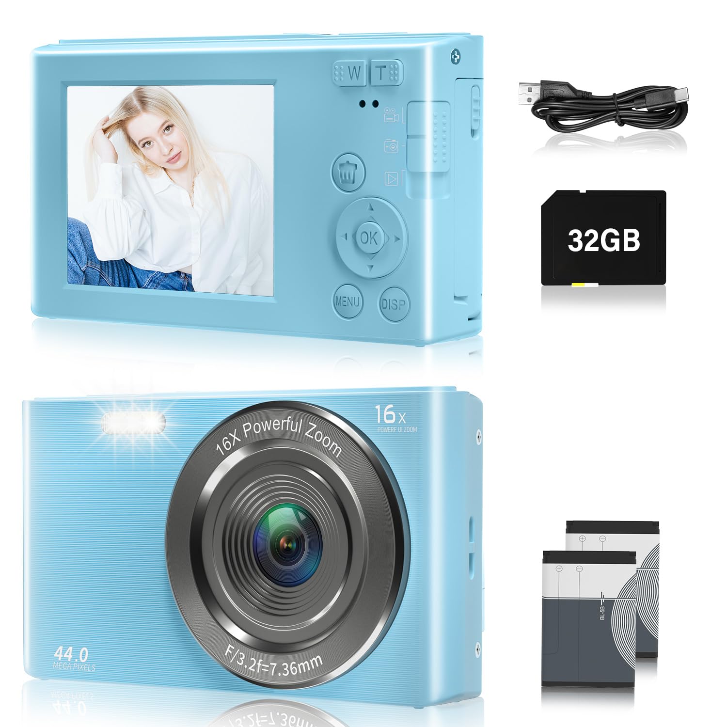 1080P Digital Camera 44MP Vlogging Video Camera for YouTube Photography Cameras for Beginners Travel Portable Compact Point and Shoot Camera with 32G Memory Card