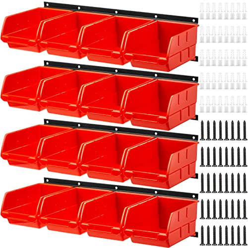 16 Pcs Plastic Wall Mounted Storage Bins (6.3inch x 3.2inch x 4inch) Hanging Stackable Storage with 4 Pieces Horizontal Shelf Trays Screw Organizers and Storage Bins Tool Organizers for Men Tools Gift