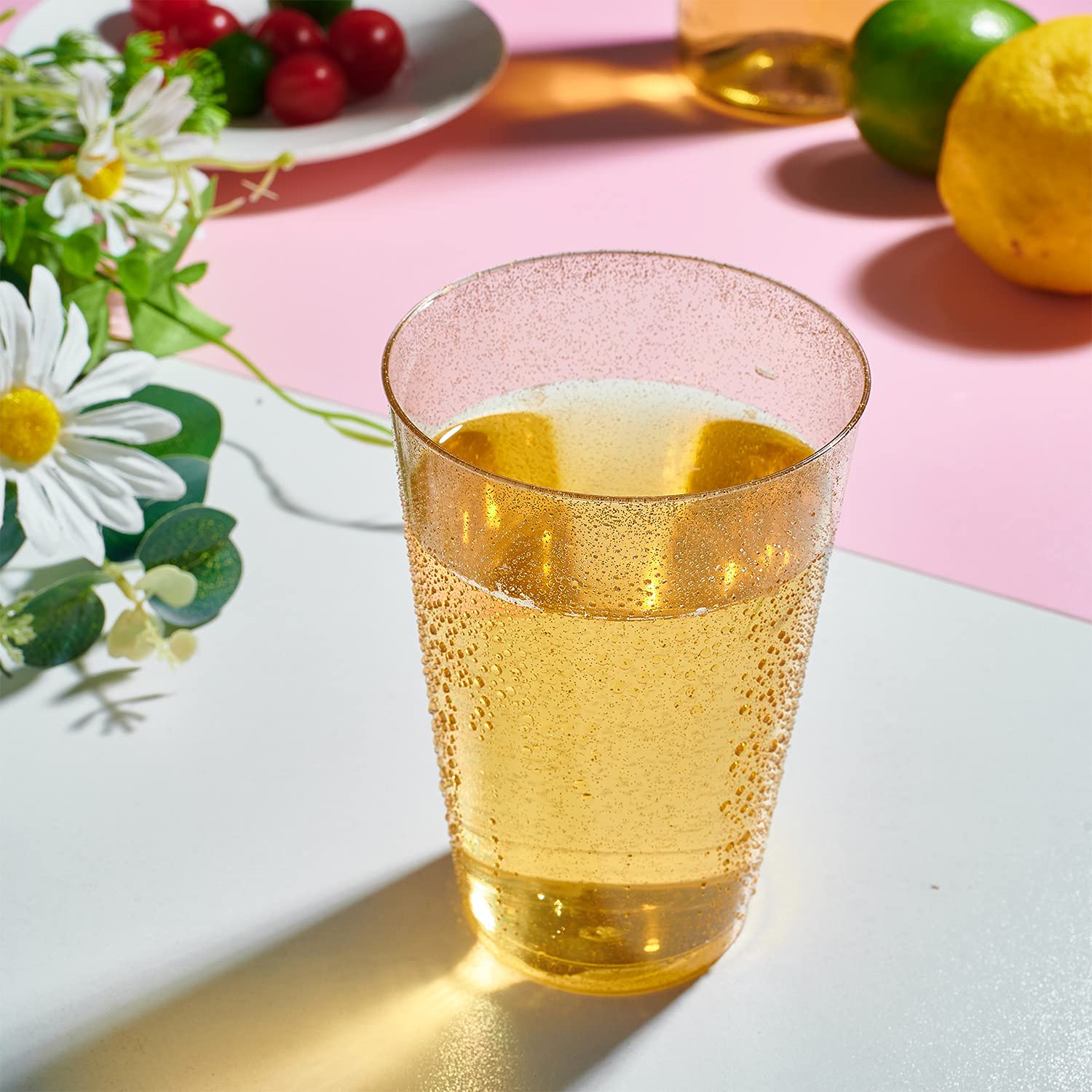 100 Pack 12oz Gold Glitter Plastic Cups, POPOPUL Disposable Cups Heavy Duty Plastic Cups Tumblers, Reusable Clear Hard Plastic Cups for Wedding, Halloween, Thanksgiving, Christmas Party