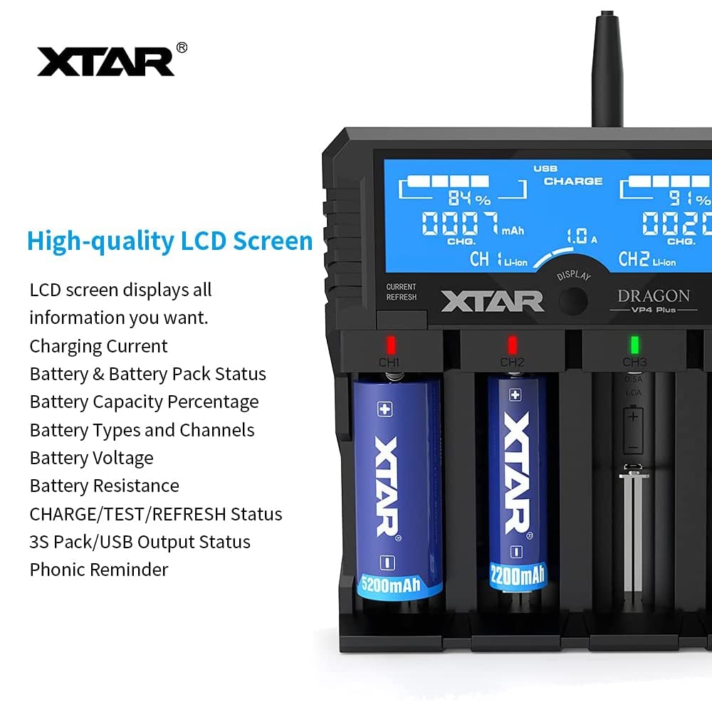 XTAR Dragon VP4L Plus Professional 18650 Capacity Tester Universal 18650 Charger for Rechargeable Batteries Li-ion 21700 26650 14500 16340 Ni-MH AA AAA D with USB Output and Battery Repair Function