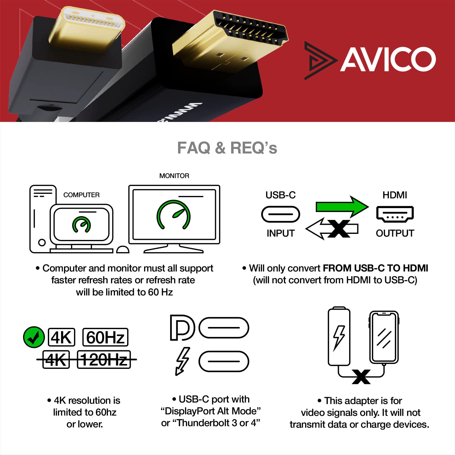 Avico USB C to HDMI 2.0 Adapter, 4K@60Hz, HDR, HDCP 2.2, 144Hz, Thunderbolt Compatible