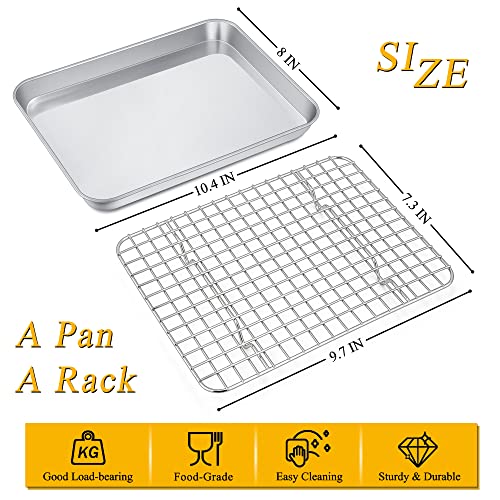 10.4 Inch Toaster Oven Pan with Rack Set, P&P CHEF Stainless Steel Small Baking Pan Tray and Grid Cooling Rack for Cooking/Roasting, A Pan and A Rack, Dishwasher Safe & Easy to Clean & Non-toxic
