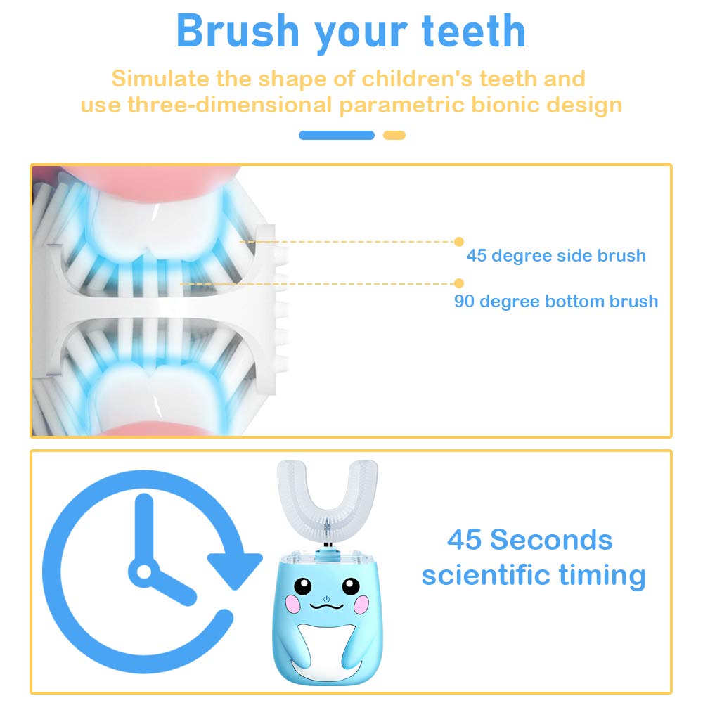 BASHUO Kids Ultrasonic Electric Toothbrush, 6 Gear Speed Mode IPX7 for Sensitive Teeth 360° Oral Cleaning U Shaped Toothbrush for Children Toddler 2-7 Years Old (Pink)