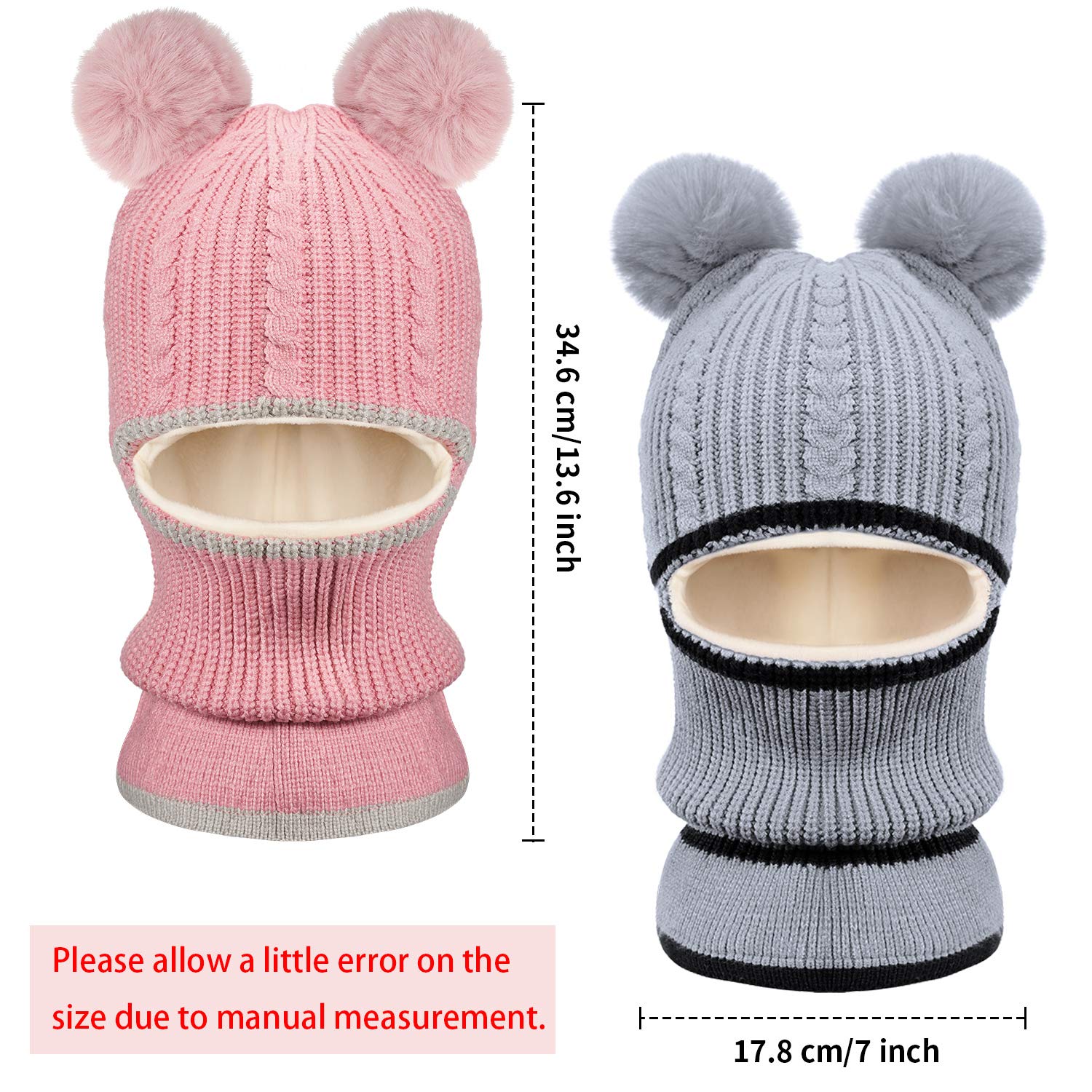 2 Pieces Kids Hood Scarf Kids Knit Hat Winter Thick Earflap Skull Caps for Boy Girls (Pink, Gray)