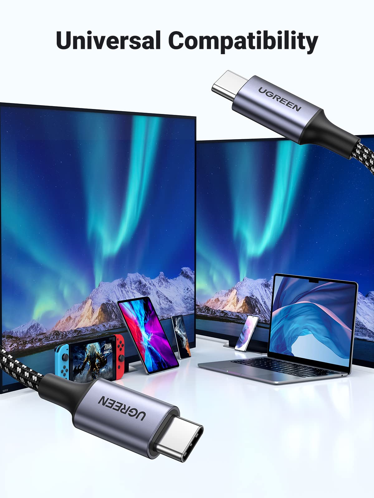 UGREEN USB C to USB C Cable USB 3.1 5Gbps, 60W Type C PD Fast Charging 4K Video Compatible with MacBook Pro 2022, iPad Pro 2022, Galaxy S23/22/Z Fold/Z Flip, Google Pixel 7/6a, PS5, Switch,etc. 6.6FT