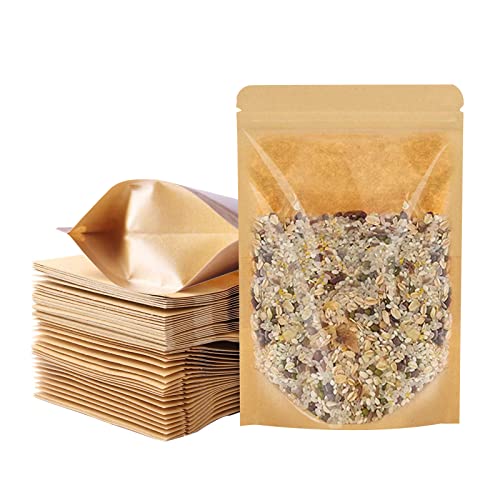 100 PCS Stand Up Pouches, 4.7 x 7.8 inch Kraft Paper Food Bags with Clear Window, Reusable Ziplock Food Storage Bags Resealable Pouches for Foods, Coffee Beans, Snacks