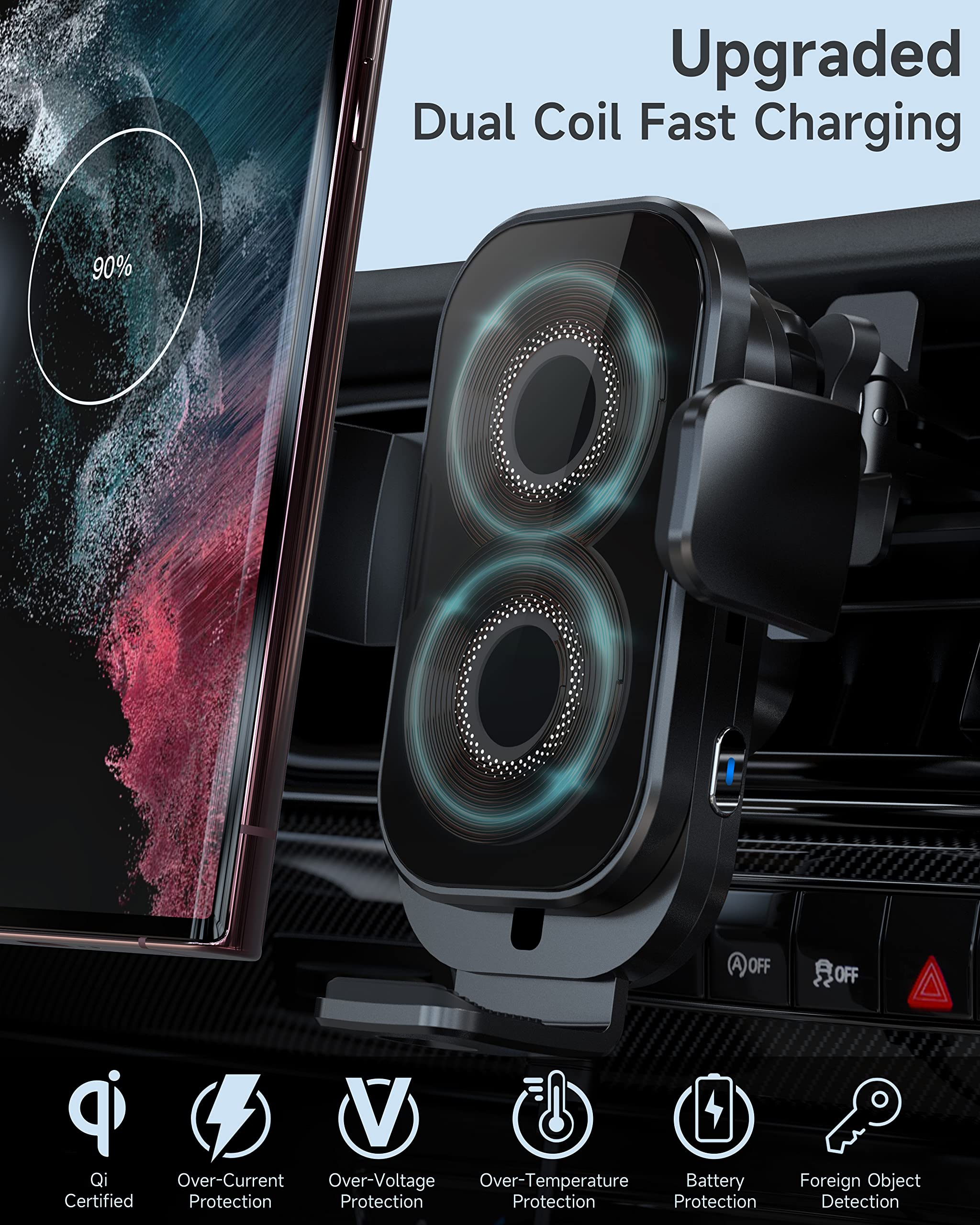 【Dual Coils & 2 Vent Mounts】 Wireless Car Charger, Casunit 15W Dual Coil Fast Charging Auto-Clamping Car Mount for iPhone 14 13 12 Pro Max Mini/Samsung Galaxy Z Flip 4 3 5G S21/LG/Pixel 6 Pro (Black)