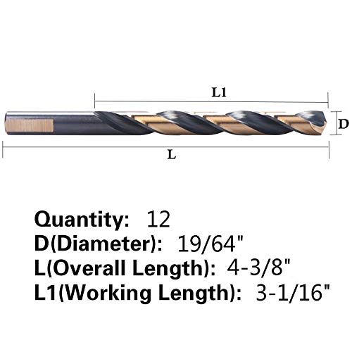 12 PCS 19/64" HSS Black and Gold Coated Twist Drill Bits, Metal Drill, Ideal for Drilling on mild Steel, Copper, Aluminum, Zinc Alloy etc. Pack in Plastic Bag