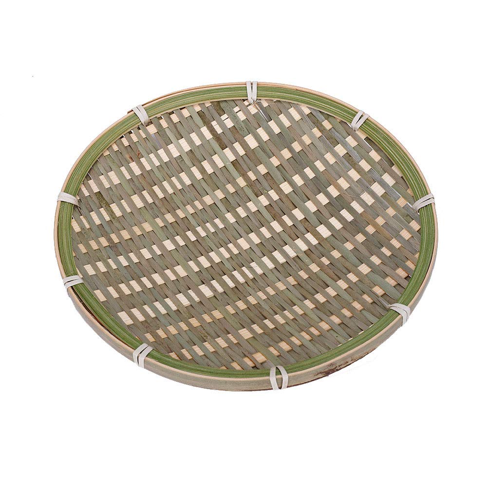 100% Handmade Woven Bamboo Flat Tray for Fruit Basket Shallow Snack Holder Food Container for Dinning Kitchen Table Perfect Decor Delicate Weaved Serving Tray (Round, Large/12)