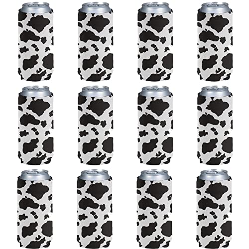 FUSURIRE Black and White Cow Print Slim Beer Can Sleeves Neoprene Can Cooler Covers Insulator Sleeve Holders Fit for Tall Slim Drink Cans Bottles 12 Pieces