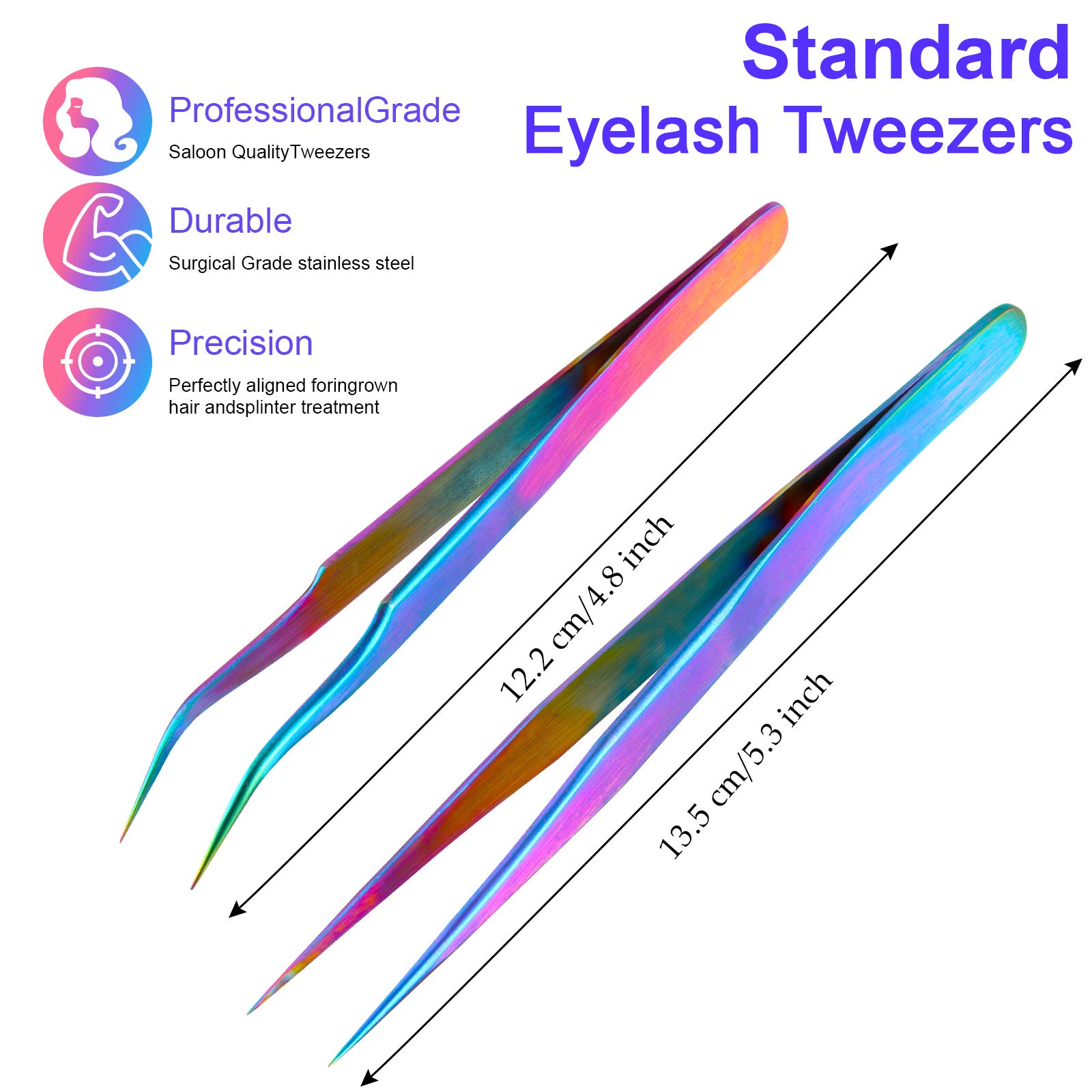 2 Pieces Straight and Curved Tip Tweezers Eyelash Extension Tweezers, Stainless Steel False Lash Application Tools (Iridescence)