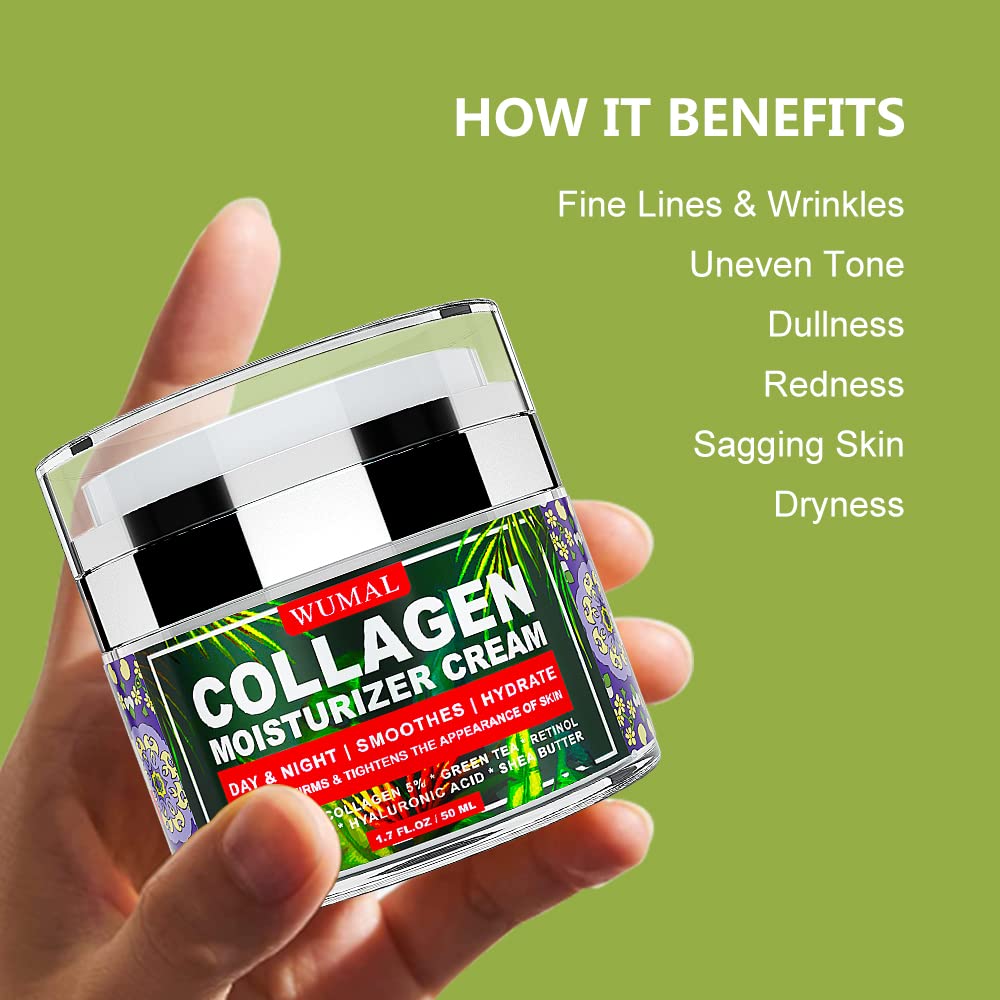 WUMAL Collagen Retinol Cream - Hydrates, Firms and Brightens Skin - Face Moisturizer for All Skin Types - 1.7oz