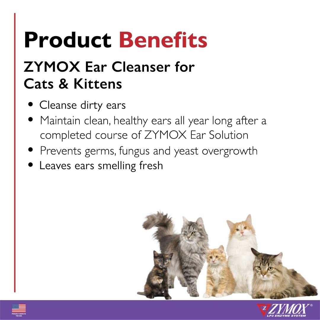 Zymox Enzymatic Ear Cleanser for Cats & Kittens, 4 oz. β Cleans & Refreshes Ear Canal for Relief from Ear Wax & Dirt Buildup