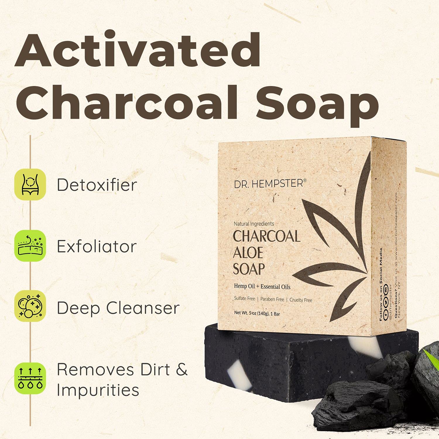 DR. HEMPSTER Hemp Soap Bar Variety 3 Pack - Activated Charcoal and Aloe Soap, Hemp and Mint Soap, Shea Butter and Citrus Soap - 5 oz Bars