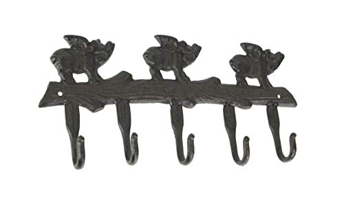De Leon Collection Rustic Brown Cast Iron Flying Pigs 5 Hook Wall Hanger Coat Rack Country Farmhouse Decor 13.75 Inches Long
