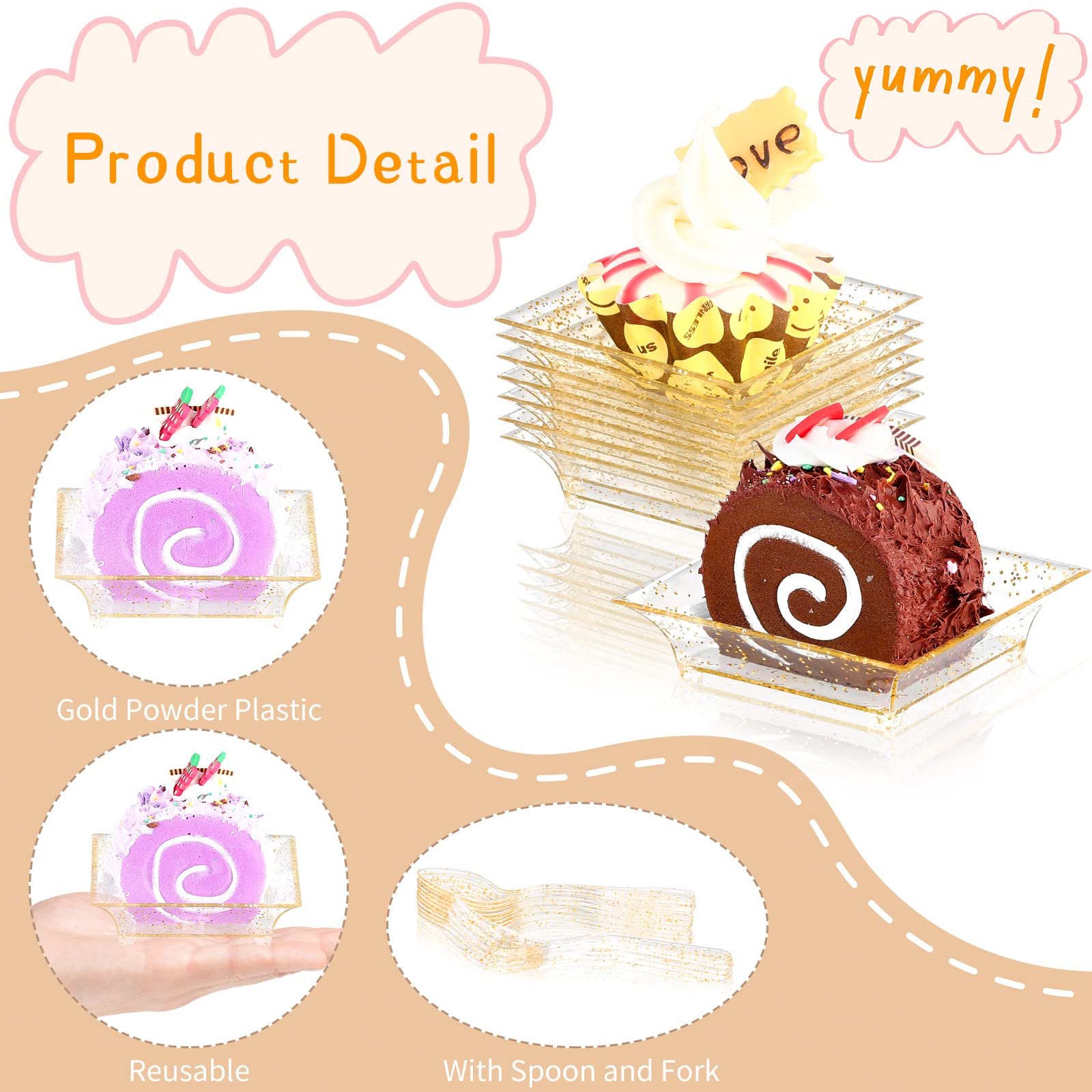 100 Pieces 1oz Mini Dessert Plates with Spoons Forks 2.4 inch Gold Glitter Disposable Square Appetizer Trays Small Clear Gold Tasting Plate for Dessert Salad Sauces Tastings Cake Wedding Party