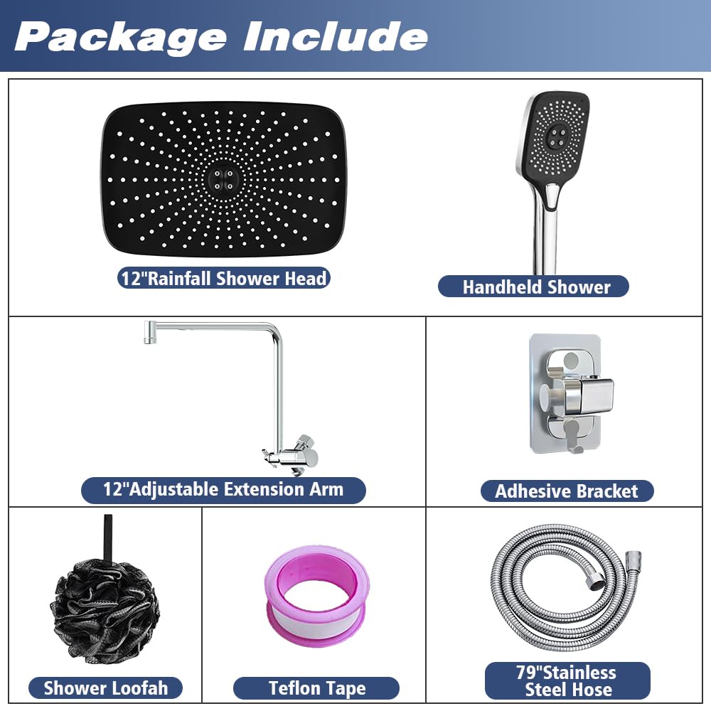 12" Rain Shower Head with Handheld Spray 4 Settings High Pressure Shower Head Rainfall Showerhead with Handheld Sprayer + 12" Shower Head Extension Arm,79" Shower Hose, 12" x 8" Rectangle Shower Heads