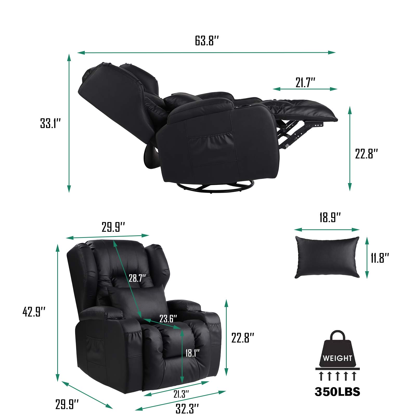 URRED Nursery Rocking Chair Glider, Swivel Rocker Recliner Chairs, Glider Rocker Nursery Recliner with Cup Holders, Side Pockets, Manual Recliner, Faux Leather (Black)