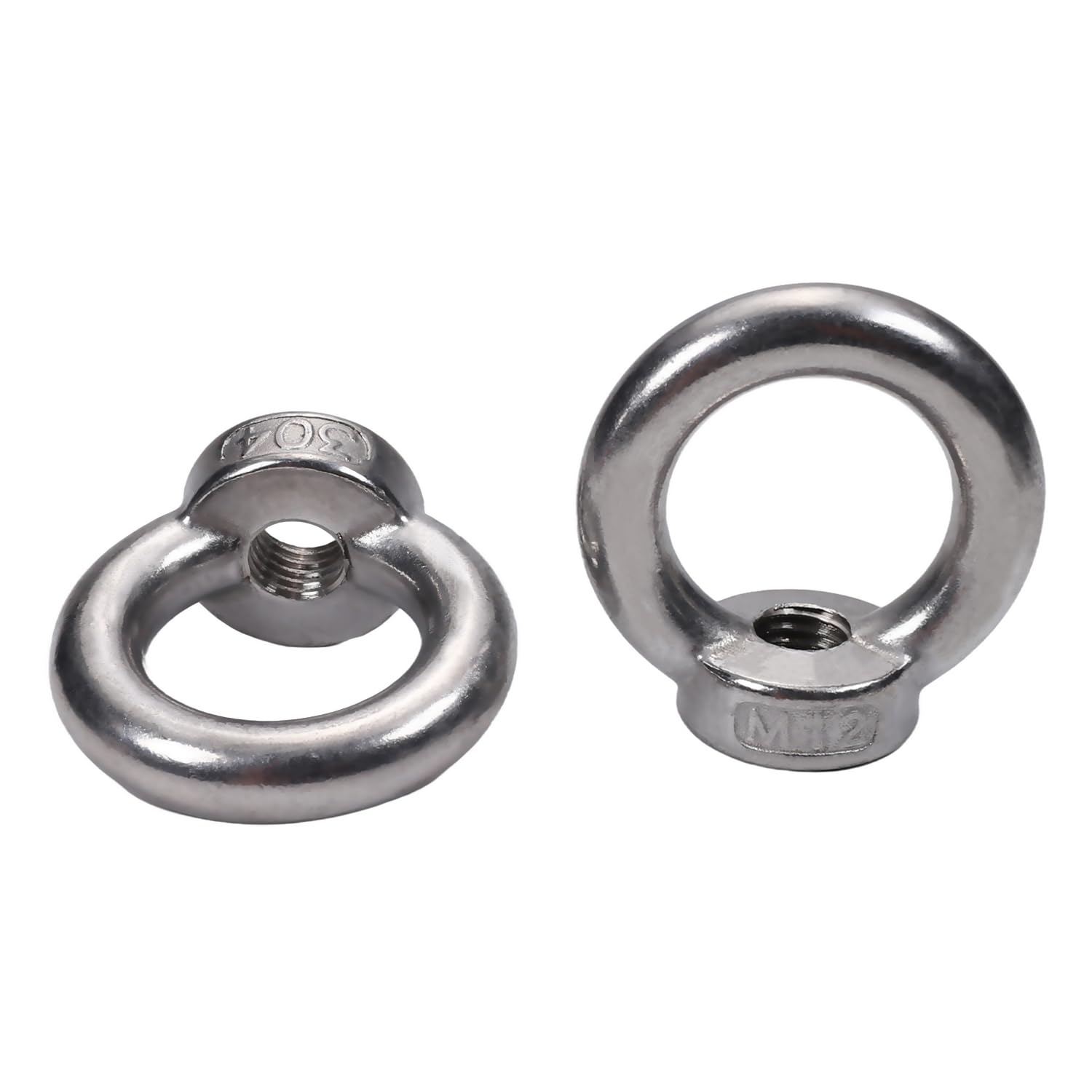 Aicosineg 4Pcs 304 Stainless Steel Eyebolts M12 Female Thread Ring Shoulder Metric EyeNuts Fastener Round Shape Lifting Eye Nut Fastener for Industrial Cables Rope Fitting Marine Silver Tone