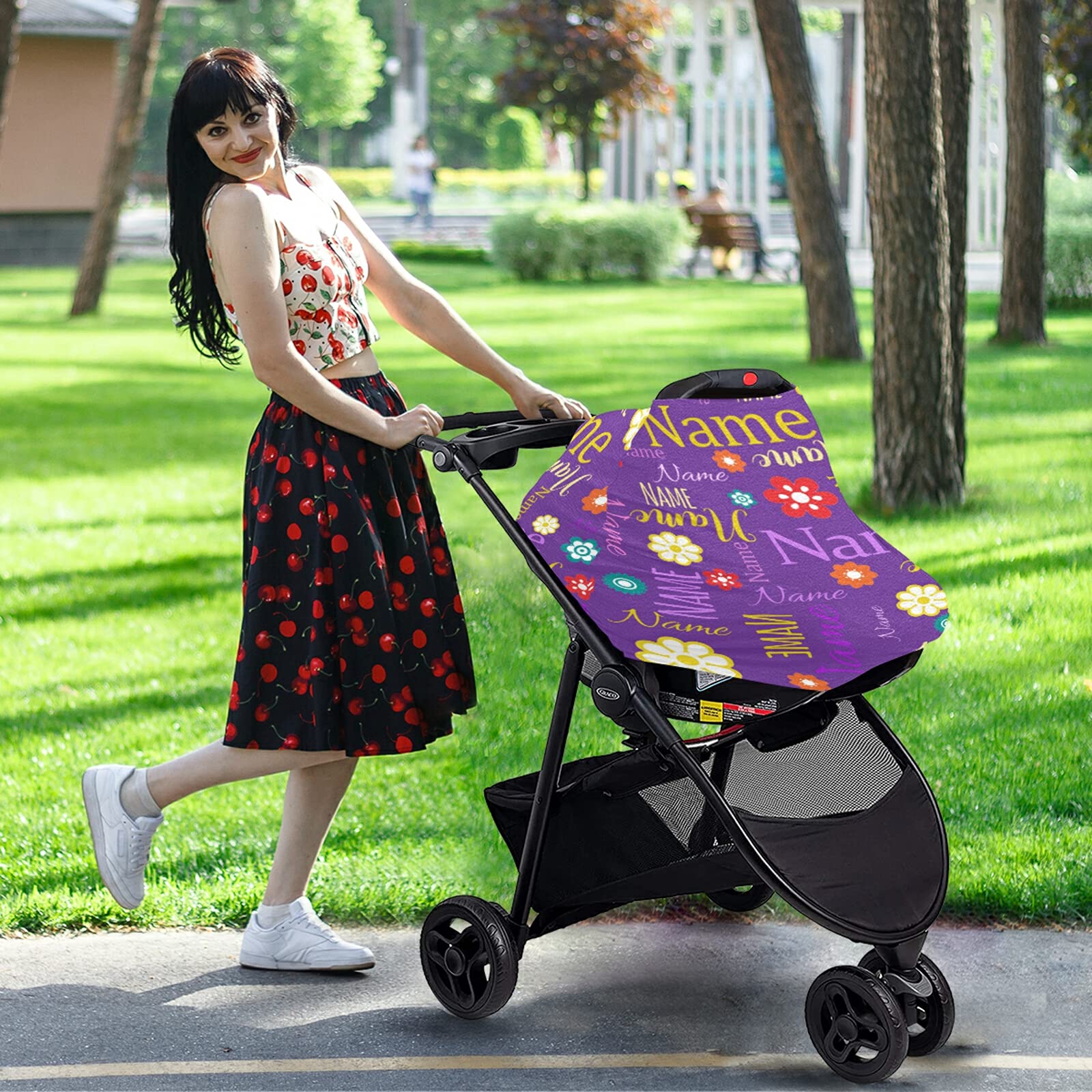 Colorful Flowers Purple Personalized Baby Car Seat Covers with Name, Custom Nursing Cover Breastfeeding Scarf Soft Breathable Stretchy Coverage, Infant Stroller Cover for Boys Girls