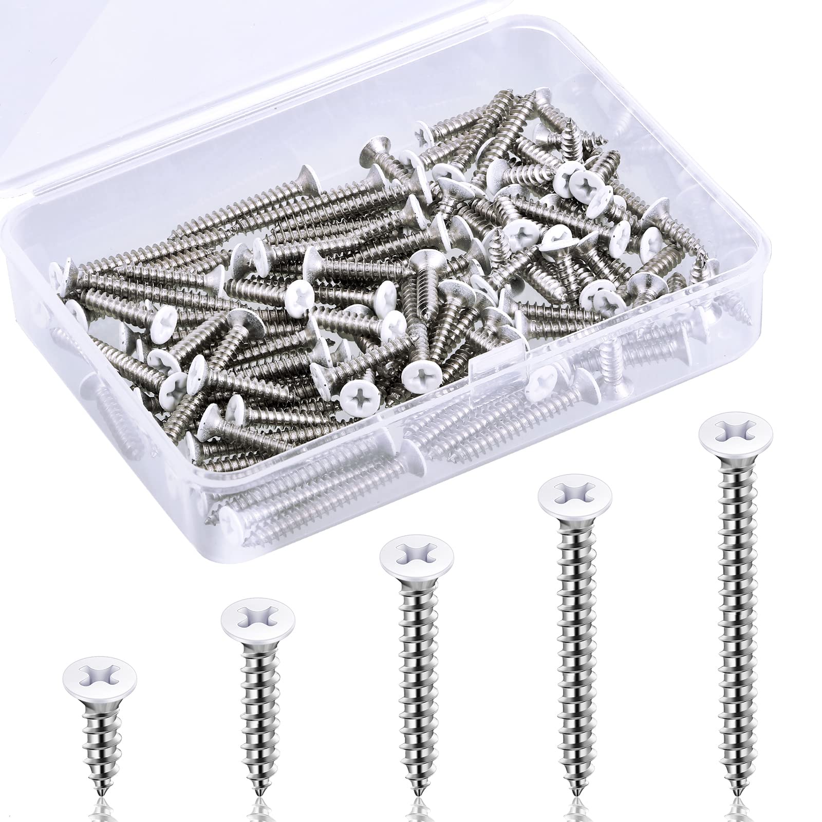 100 Pcs 5 Size #8 White Screws White Head Screws White Coated Screws Covers Head Wood Screws Wall Plate Screws Stainless Steel Screw Self Tapping Screw for Switches Cover (0.5/0.75/1/1.25/1.5 Inch)