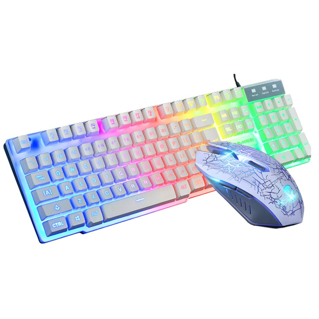 Axiba Waterproof Gaming Keyboard Mouse Sets USB Wired 104 Keys Skull Rainbow LED Backlit Multimedia Ergonomic Gamer Keyboard 2400DPI 6 Buttons Optical Professional Game Mice + Mouse Pad (Skull White)