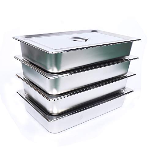 4 Pack Stainless Food Pan 4inch Deep Full Size Steam Table Pan Hotel Buffet Food Holder, Hotel Pan Steam Table Pan with Lids Anti-Jam Hotel Food Pans (4-Pack Hotel Pan)