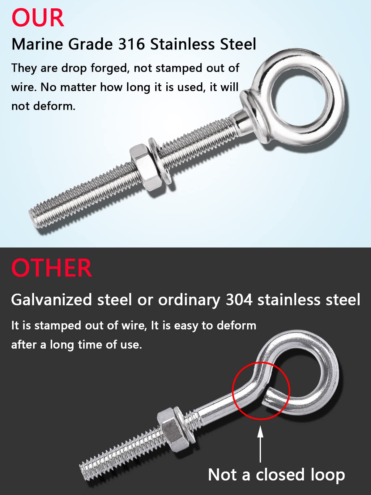 Abimars Lifting Shoulder Eye Bolt M6 with Nuts and Spring Snap Hook, 4 Pcs 316 Stainless Steel Eyebolts for Hanging Items