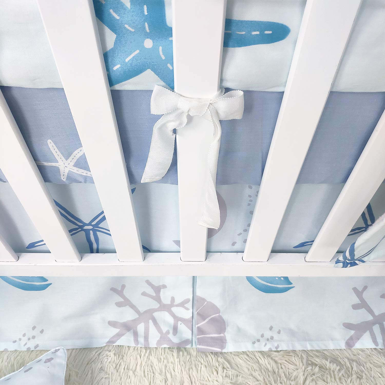 Brandream Boys Nursery Bedding Blue White Beach Theme Baby Crib Bedding Set with Starfish Seashell, 100% Cotton