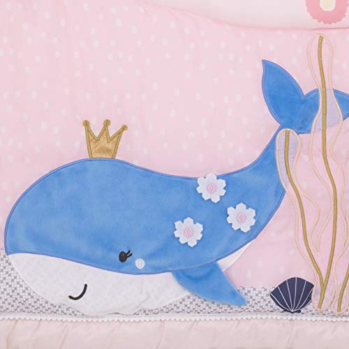NoJo Under The Sea Whimsy Pink and Blue Whales and Narwhals 4 Piece Crib Bedding Set - Comforter, Fitted Crib Sheet, Dust Ruffle and Storage Bin