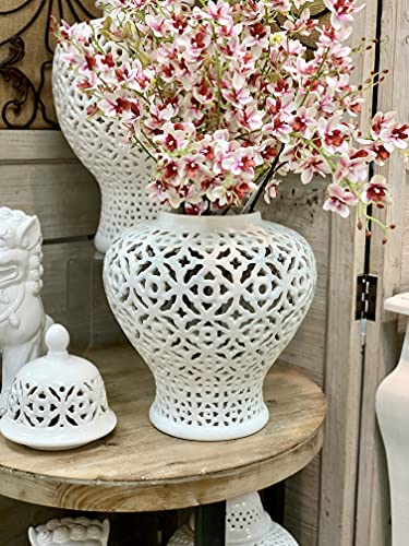 Galt International 19.5” Lattice Ginger Jar with Lid - Home Decor with Intricate Mediterranean Inspired Lattice Work - Living Room and Kitchen Decoration - 19.5” (White)