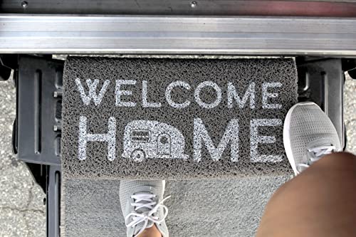 Camco 53196 Life is Better at The Campsite RV Wrap Around Step Rug, Fits 18-inch Wide Steps - for Manual and Electric RV Steps - Features a Gray Mat with a White Welcome Home Retro RV Print