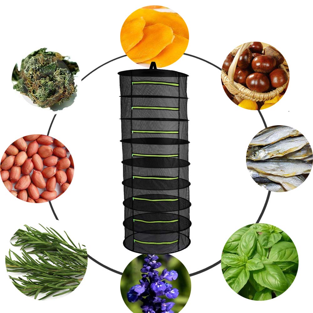 POURIN 2ft 8 Layer Herb Drying Rack Mesh Hanging Drying Nets W/Green Zipper Garden Herb Dryer Racksf for Plant