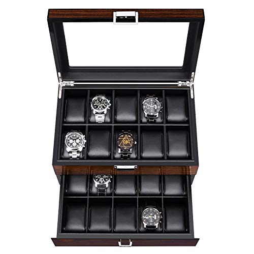BEWISHOME Watch Box 20 Slots Watch Case for Men - Luxury Watch Organizer with Glass Top,Smooth Faux Leather Interior, Brown SSH04Y