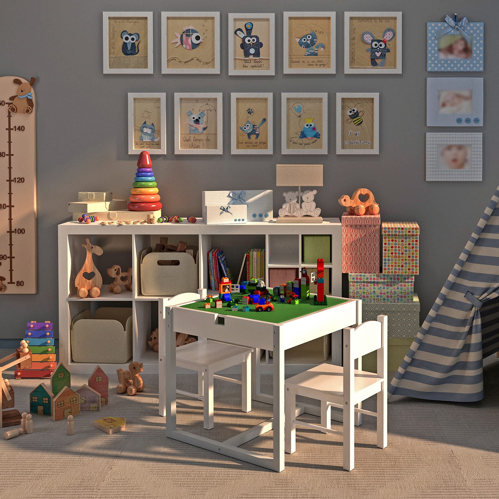 4NM 3 in 1 Kids Table Set for 2, Children Table and Chairs, Toddler Play Activity Table with Hidden Storage Wood Building Block Table Desk for Ages 3-7 - White Green