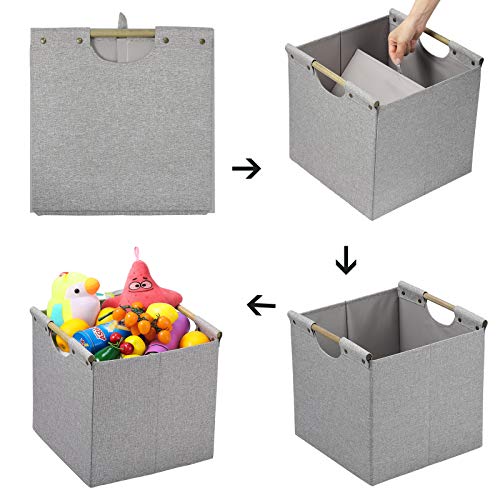 HOONEX Collapsible Storage Bins, 13x13x13in Storage Cubes Linen Fabric, 3 Pack, Storage Baskets with Wooden Carry Handles and Sturdy Heavy Cardboard, for Home, Office, Car, Nursery, Light Grey