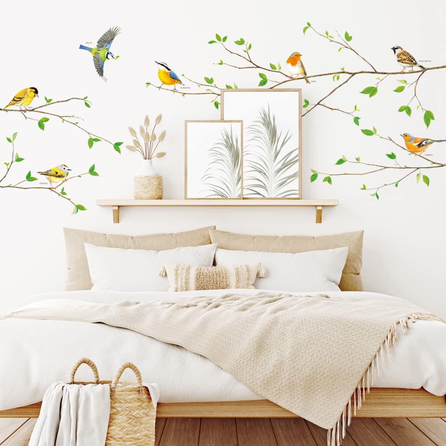 DECOWALL SG-2111 Birds on Tree Branch Wall Decals Flying Bird Green Leaves Stickers Removable for Kids Nursery Bedroom Living Background Room Home Decor Art DIY