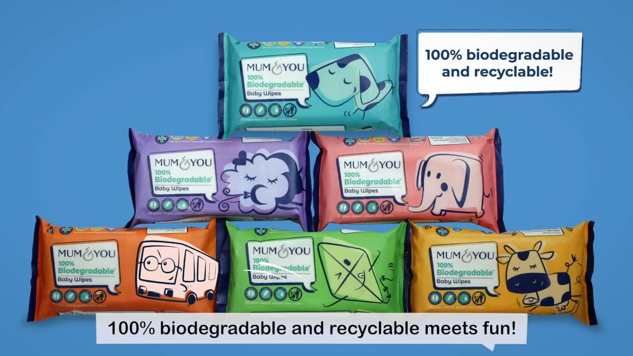 Mum & You Biodegradable Compostable Vegan Registered Plastic Free Baby Wet Wipes with Recyclable Packaging, 99.4% Water, 0% Plastic, Hypoallergenic & Dermatologically Tested (Pack of 6)