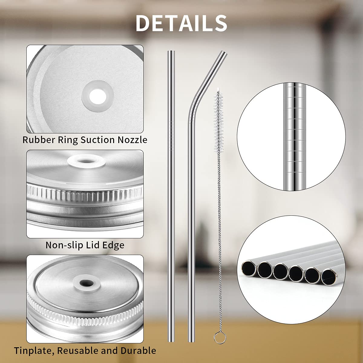 26 PCS Regular Mouth Mason Jar Lids with Straw Hole - 70MM Canning Lids Drinking Jar Lids Tinplate Jar Lids Silver Canning Jar Caps with Silicone Ring/Straws/Cleaning Brush for Drinking Food Storage