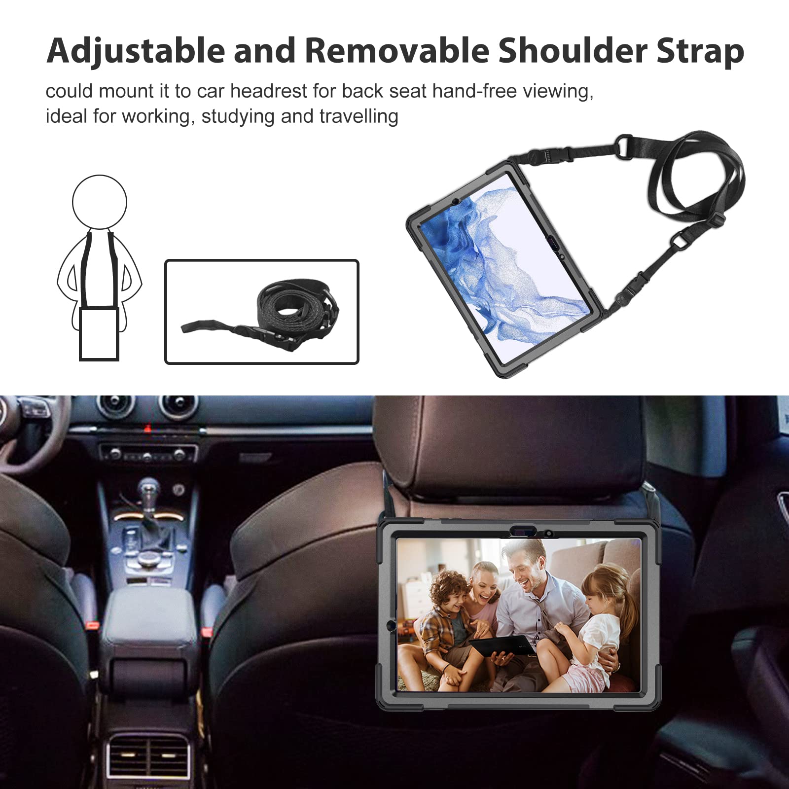 ProCase Galaxy Tab S8 Plus 2022 / S7 Plus 12.4” 2020 Case with S Pen Holder (Model SM-X800/X806/T970/T975), Rugged Heavy Duty Shockproof Case with Hand Strap Rotating Kickstand Protective Cover–Black