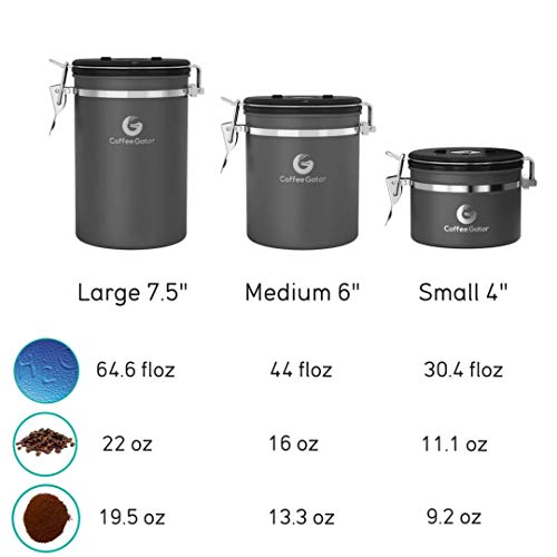 Coffee Gator Coffee Canister Duo Stainless Steel Coffee Container - Fresher Beans and Grounds for Longer - Date-Tracker, CO2-Release Valve and Measuring Scoop - Large & Small, Silver